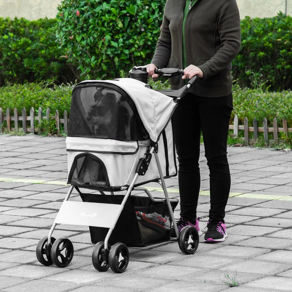 Skládací kočárek pro psy PawHut - Kočárek pro malé psy s nastavitelnou stříškou, úložným košíkem, 2 otočnými koly, nosnost 15 kg, rozměry 75x46x94 cm…