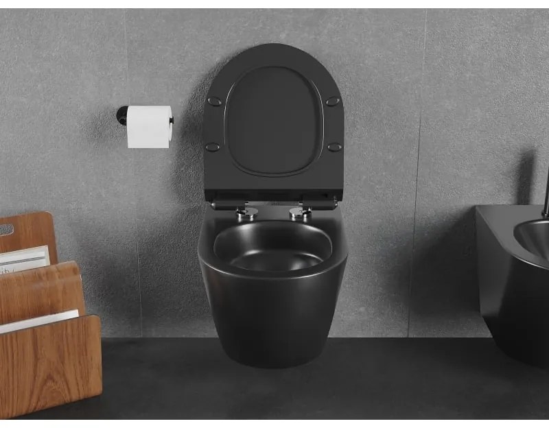 Mexen Lena, závěsná WC mísa 490x360x340 mm, Rimless Tornádo + WC sedátko z duroplastu, černá matná, 30220185T