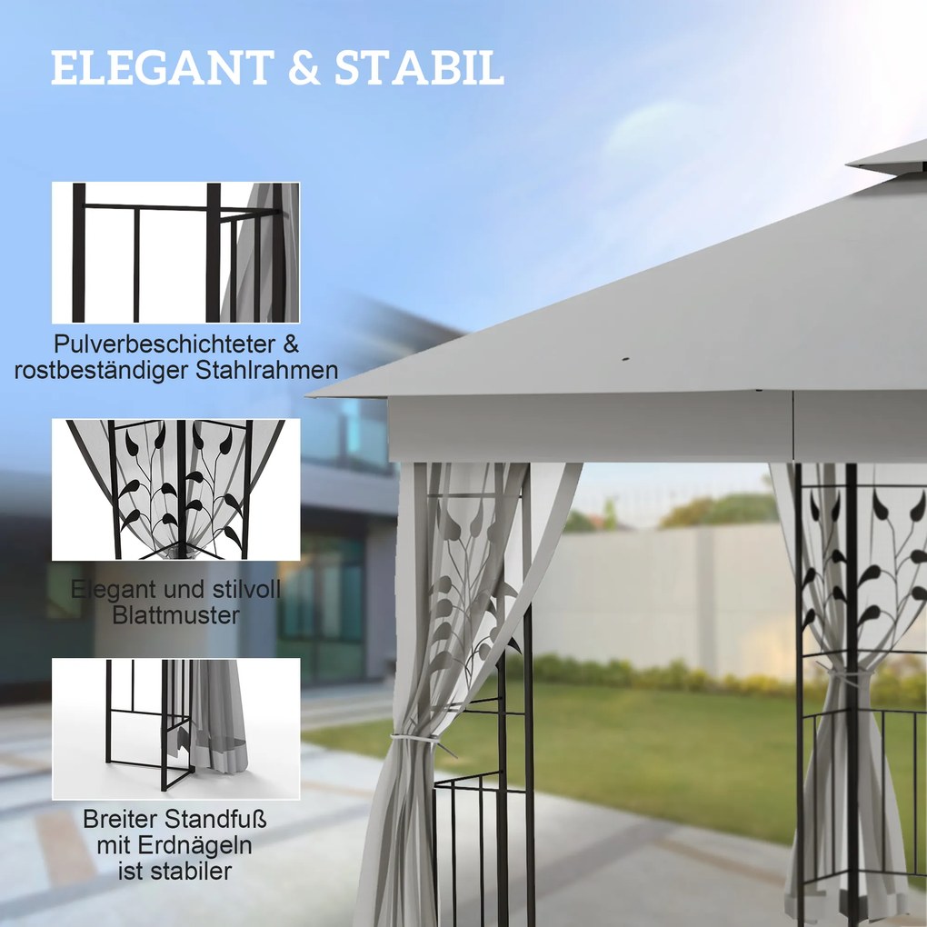 Pavilon s dvojitou střechou, 3x3 m Vodoodpudivý Stabilní Zimní zahradní pavilon s moskytiérou Světle šedý