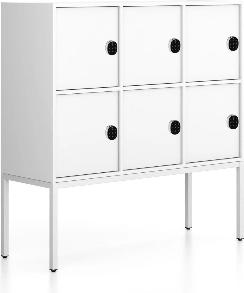 Kancelářská skříň FRAME, nízká, bílá podnož, 6x dveře, 1299 x 450 x 1331 mm, kódový zámek, bílá