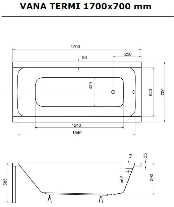 BESCO Obdélníková vana TERMI Nožičky k vaně - Bez nožiček, Rozměr vany - 140 × 70 cm - OLVTER14