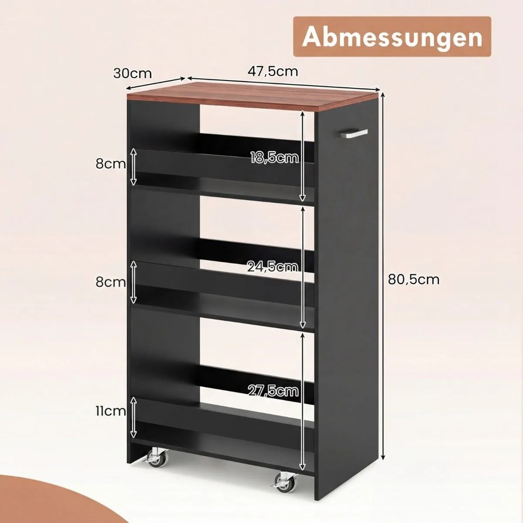 Costway 30 cm široký vozík do výklenku s madlem a zábradlím 4patrový kuchyňský