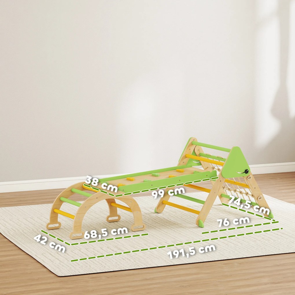 montessori prolézačka 8 v 1 vnitřní dřevěný lezecký trojúhelník s lezeckým obloukem, oboustranná skluzavka, zelená barva