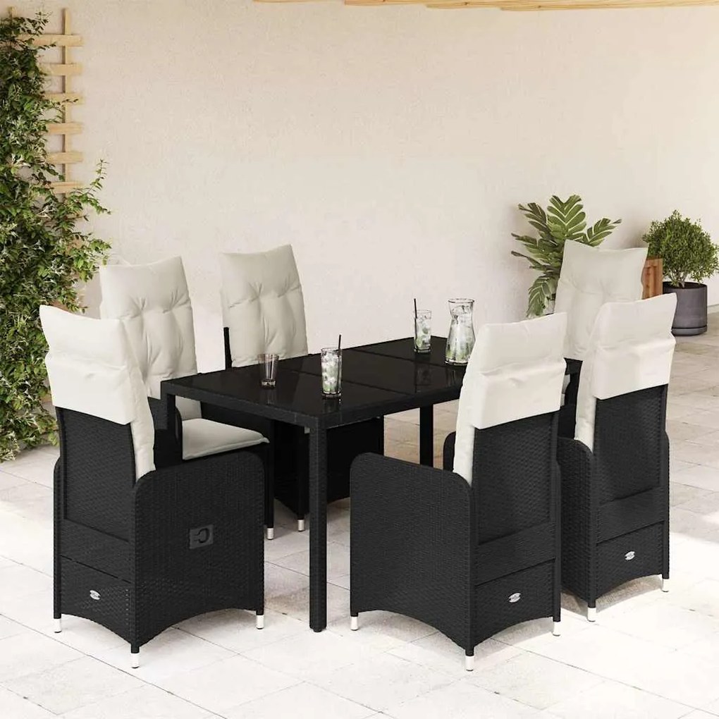 7dílný zahradní bistro set s poduškami černý polyratan 3276992