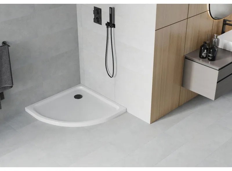 Mexen SLIM - čtvrtkruhová sprchová vanička 80x80x5cm + černý sifon, bílá, 41108080B