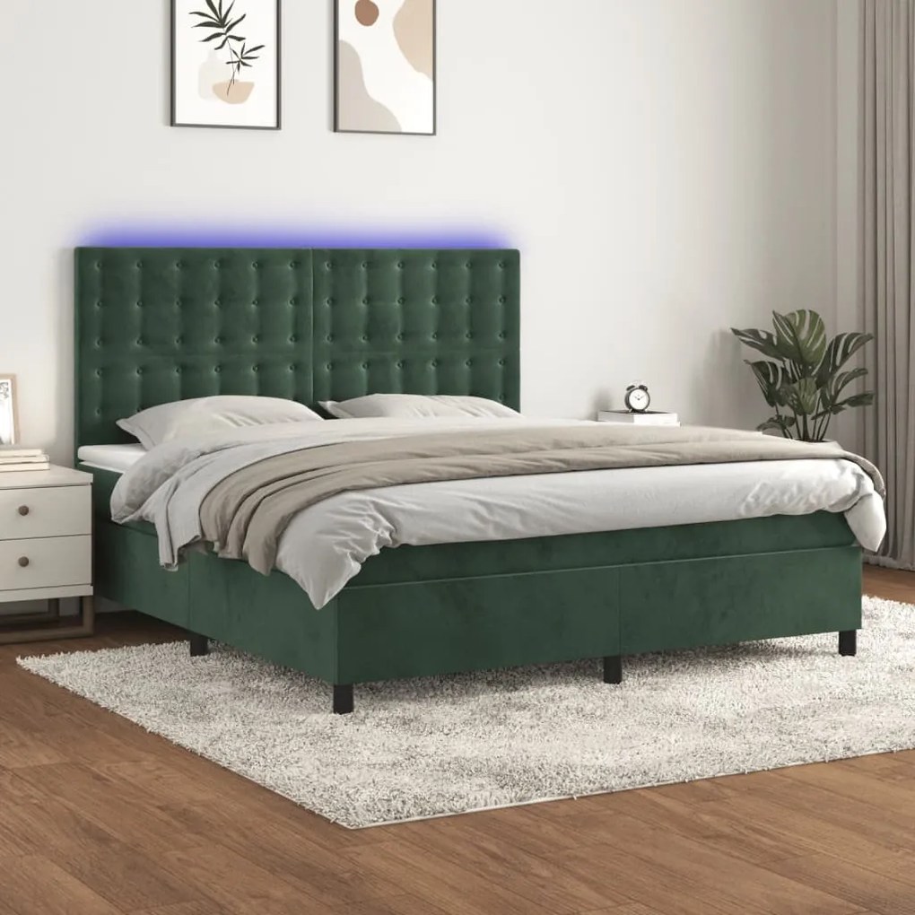 Box spring postel s matrací a LED tmavě zelená 160x200 cm samet 3136374