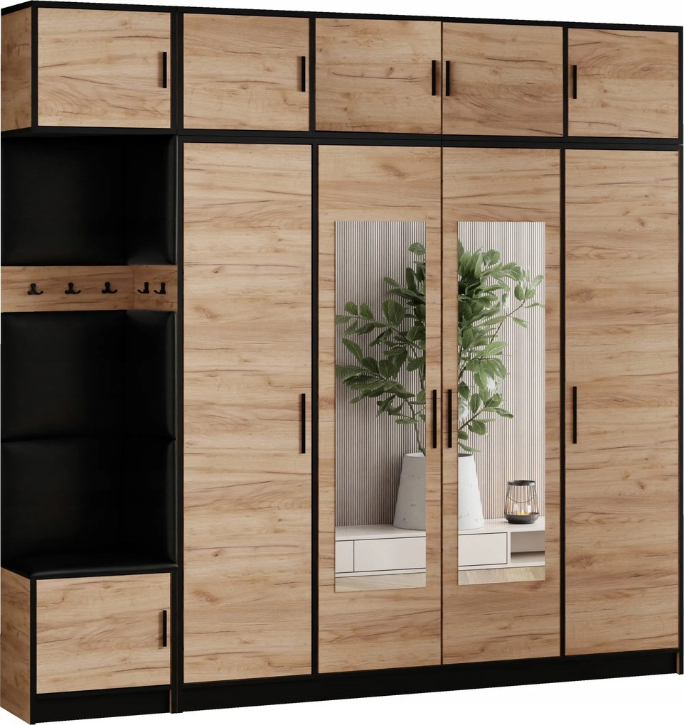 Šatní skříň s nástavcem ROJ 15 dub Craft zlatý + ecoskóra černý