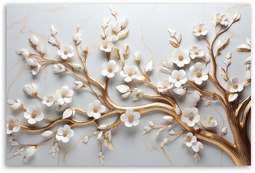 Gario Obraz na plátně Zlatá větev s bílými květy magnólie Rozměry: 60 x 40 cm