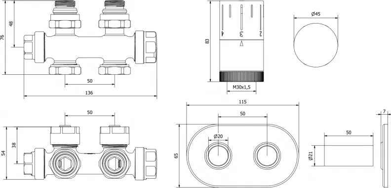 Mexen Duplex G05, úhlový/přímý termostatický set s kulatým krytem R, DN50, chromová, W908-958-905-01