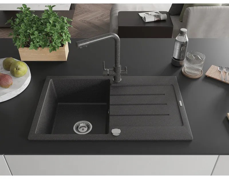 Mexen Bruno, 1-komorový granitový dřez s odkapávačem 795x495x200 mm a černá skvrnitá baterie Duero, černá skvrnitá, 6513-76-671600-76