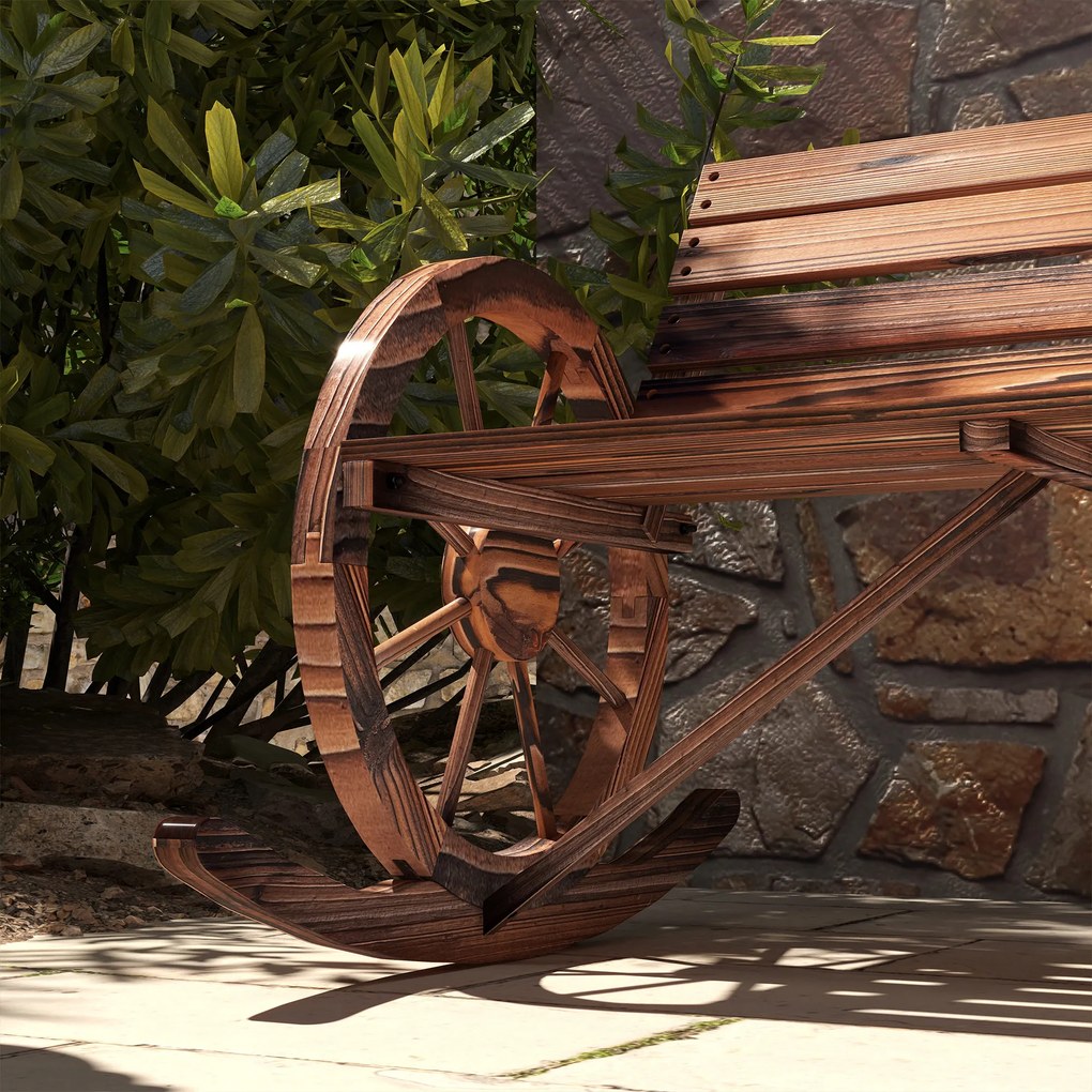 Dřevěná houpací lavice Outsunny, dvoumístná houpací lavice s područkou, nosnost až 240 kg, pro zahradu a balkon, design z ohořelého dřeva |