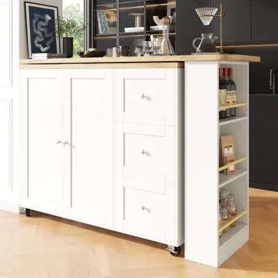 Aosom Otočný a vysouvací kuchyňský ostrov o 360°, s 3 zásuvkami, 2 dveřmi a bočním regálem na snacky, 135-203 x 39 x 106 cm, bílý