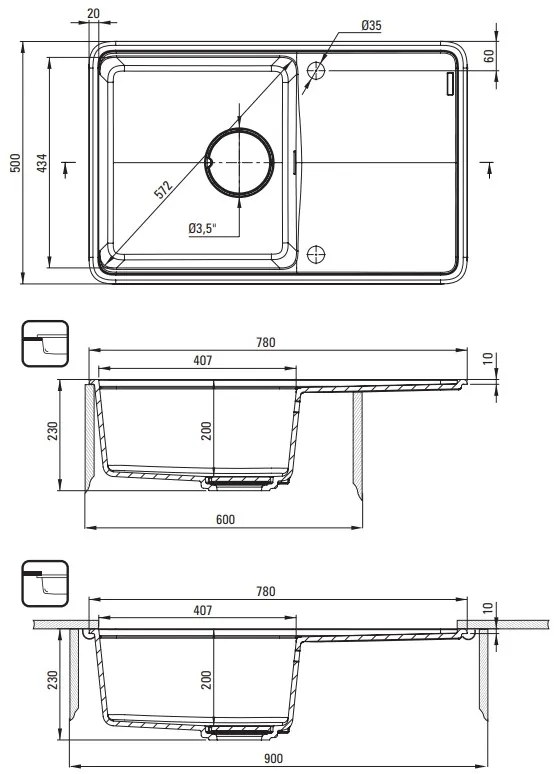 Deante Momi, 1-komorový granitový dřez 780x500x230 mm s úsporným sifonem, grafitová metalíza, DEA-ZKM_G113