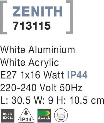 NV 713115 Venkovní nástěnné svítidlo ZENITH bílý hliník bílý akrylový difuzor E27 1x12W 220-240V bez žárovky IP44 - NOVA LUCE