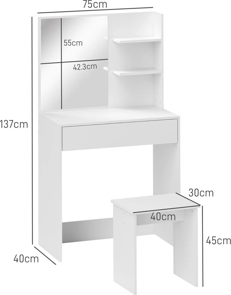 HOMCOM Toaletní stolek se 3 policemi, zásuvkami, zrcadlem a odpovídajícím taburetem, 75x40x137 cm, bílý