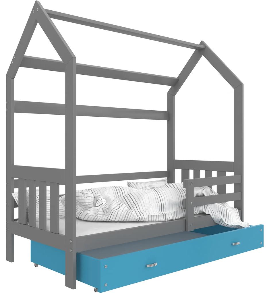 Dětská postel domeček se zábranou, úložným prostorem a matrací ZDARMA 190 x 80 cm - ŠEDÁ