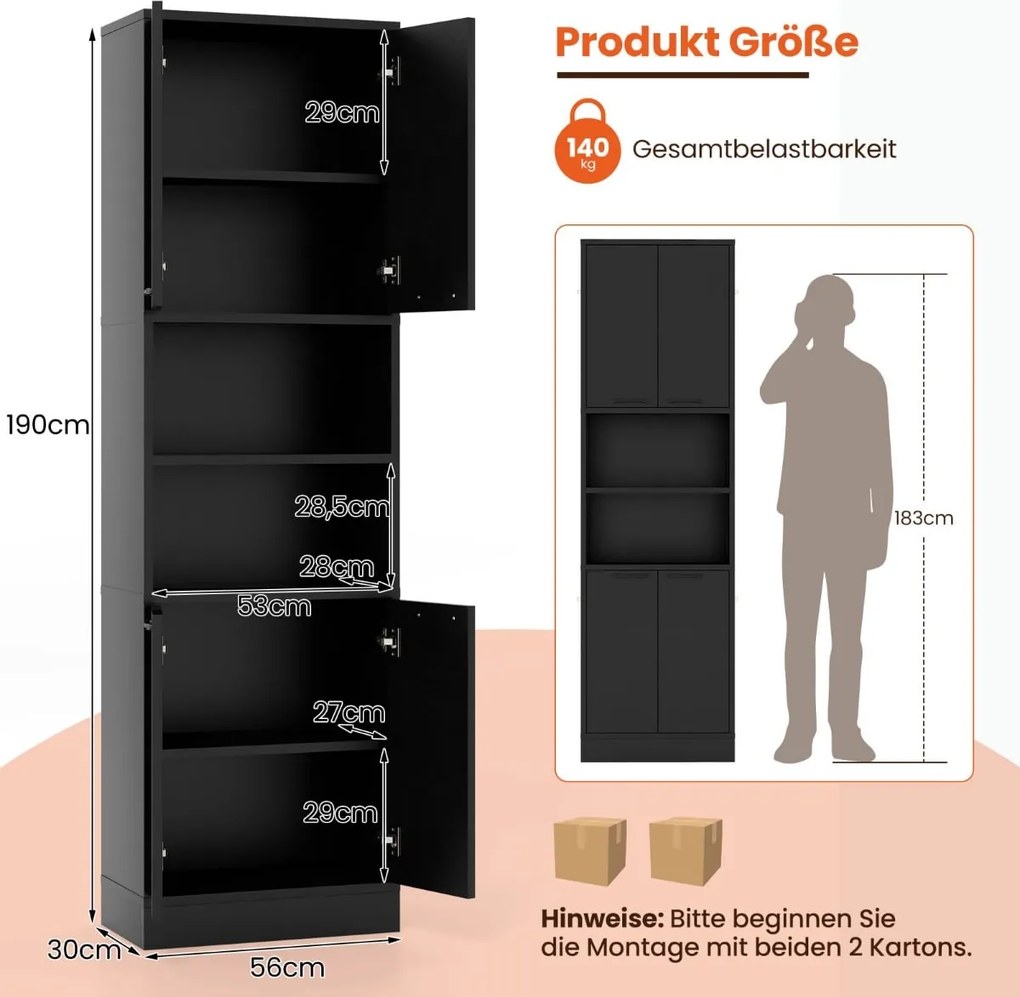 Costway 190 cm vysoká kuchyňská skříň, úložná vysoká s dvířky, černý
