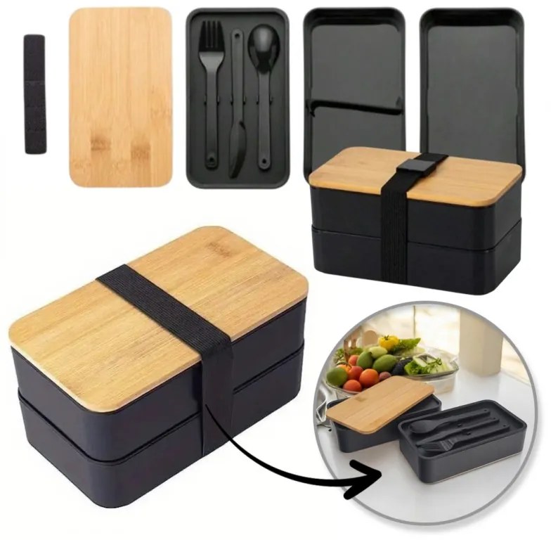 Svačinový box DUO LUNCH s příborem, černý/bambus