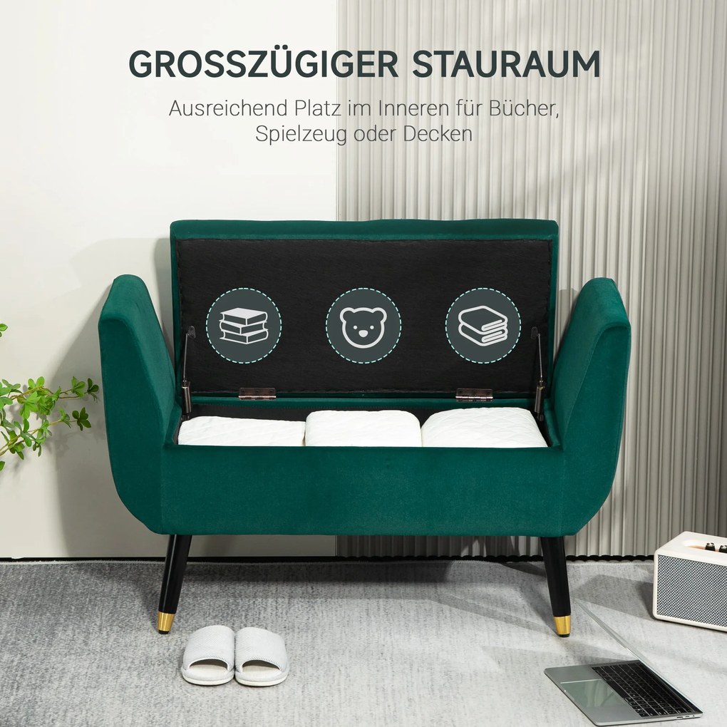 HOMCOM Luxusní sedací lavice Čalouněná lavice s úložným prostorem Područky Truhlicová lavice Sametový polyester kaučukovník Zelená 107 x 42 x 65 cm