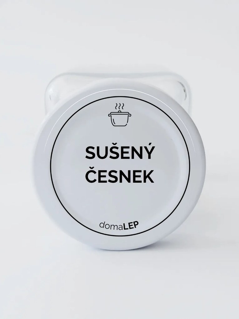 Samolepka na kořenky SUŠENÝ ČESNEK průhledná 5 cm tučné písmo