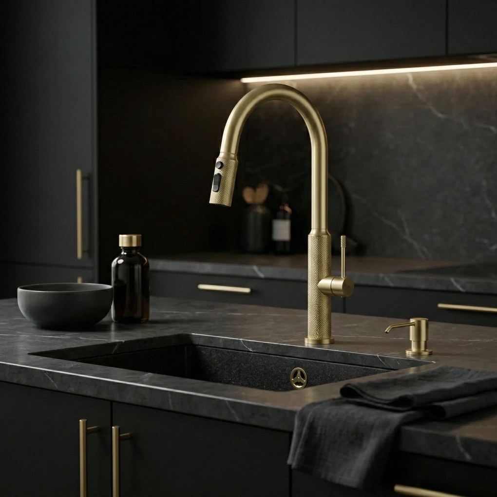 Dřezová baterie REA MASTER HIGH s výsuvnou sprškou, zlatá kartáčovaná