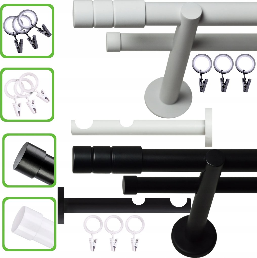 Garnýž Dvojitá 200 CM Silná Trubka 25+19 MM Garnýž Černá Matná Bílá