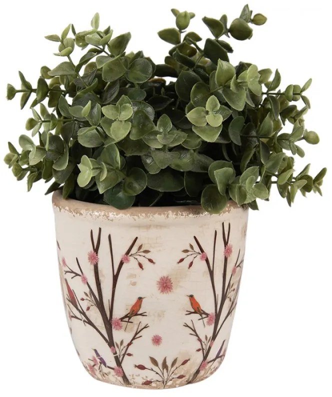 Béžový keramický obal na květináč s keři, šípky a ptáčky Satin – 13x12 cm