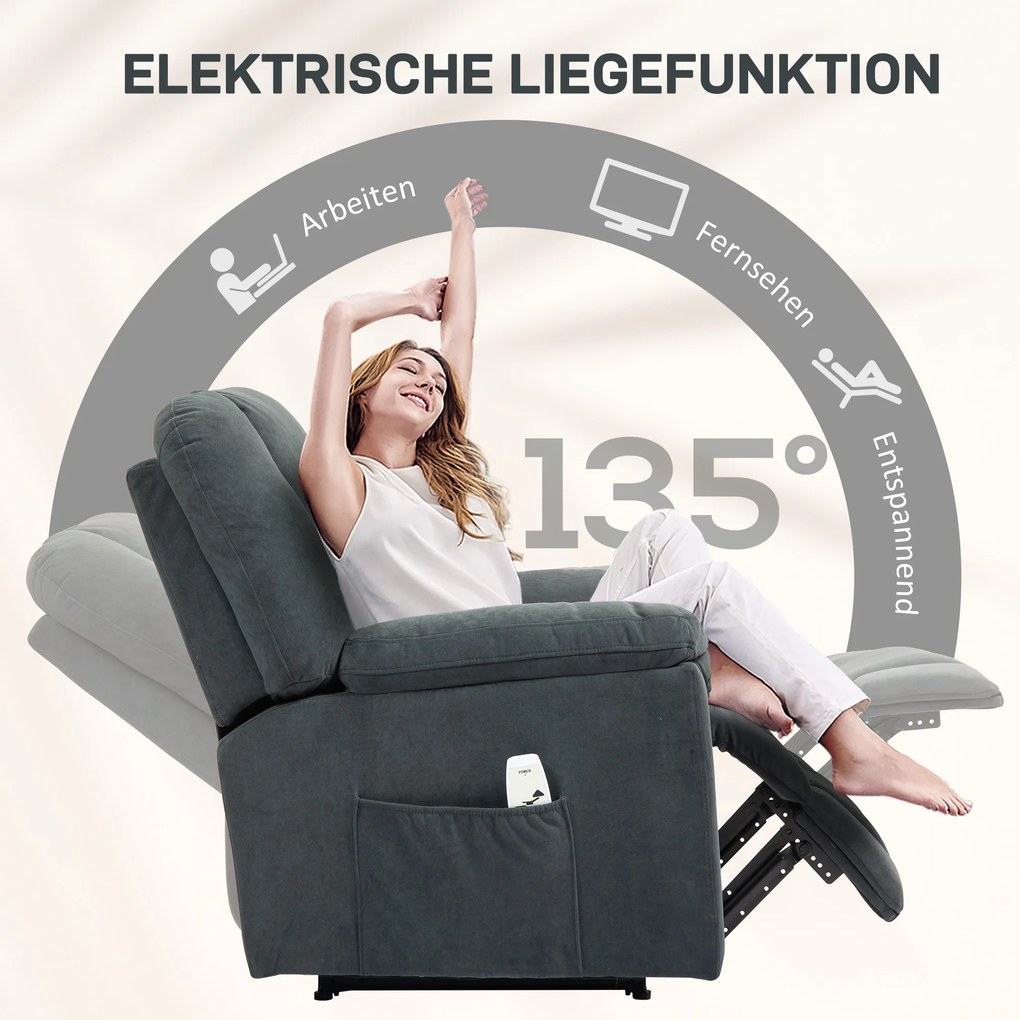 HOMCOM Elektrické relaxační křeslo s masážní a vyhřívací funkcí, čalouněné křeslo s USB připojením, boční kapsy, šedé