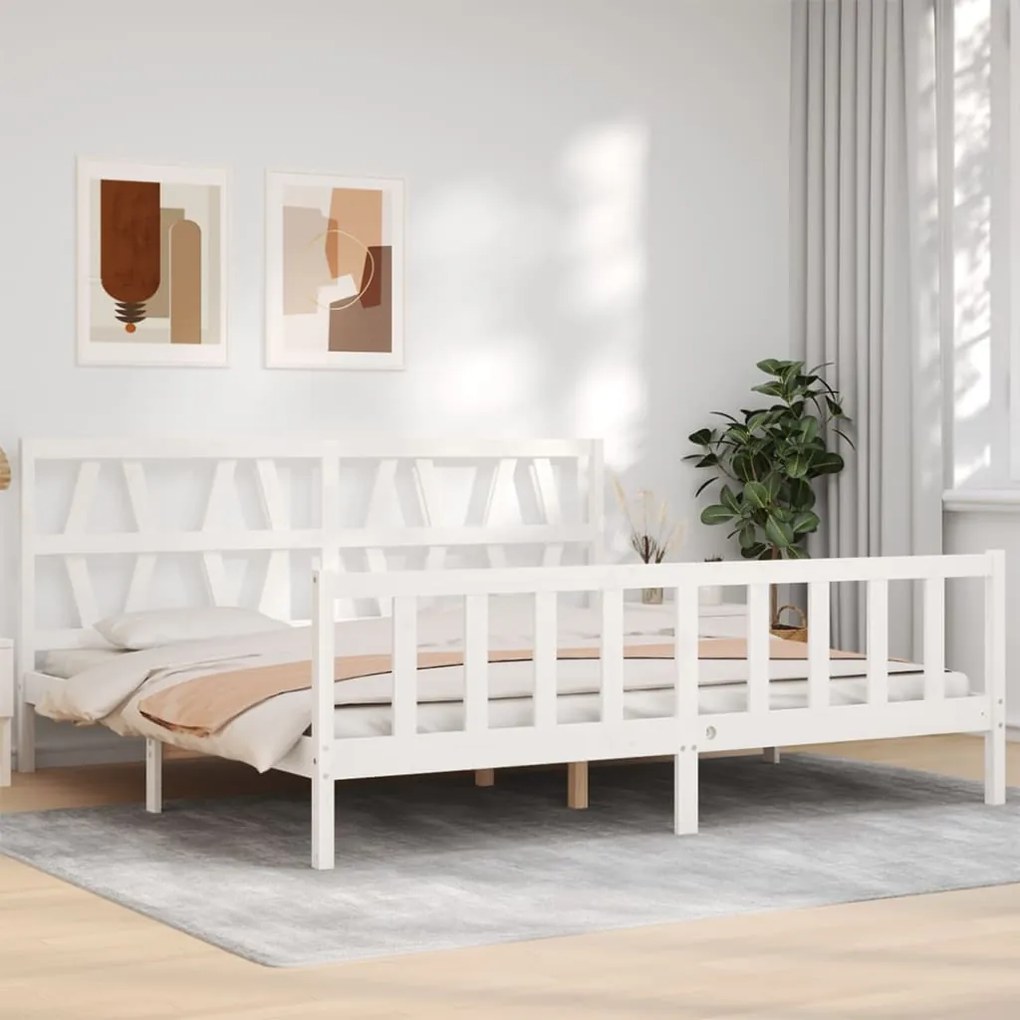 Rám postele s čelem bílý 200 x 200 cm masivní dřevo,  3192512