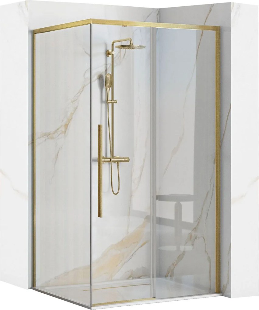 Rea Solar, sprchový kout s posuvnými dveřmi 90(dveře) x 90(stěna) x 195 cm, 6mm čiré sklo, zlatý matný profil, REA-K9500
