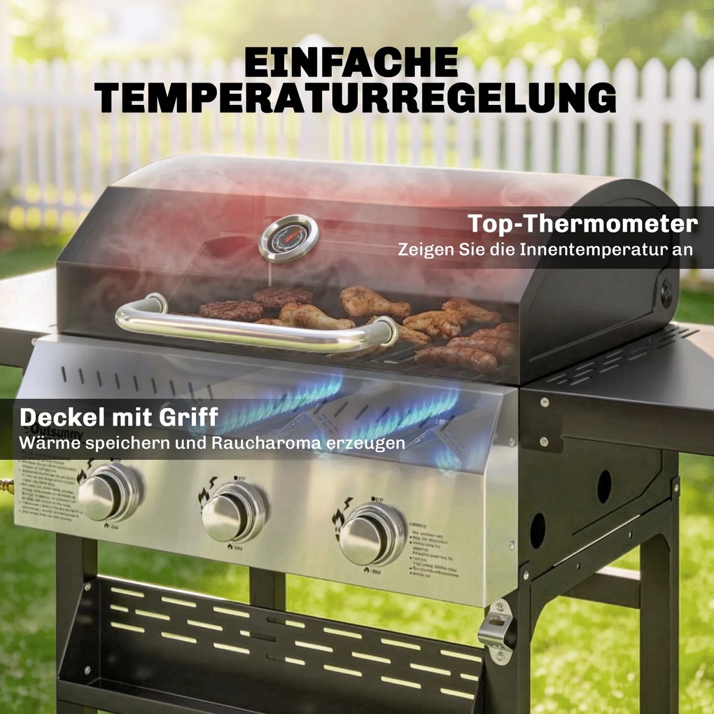 Plynový gril 9 KW 3 hořáky BBQ grilovací vozík z nerezové oceli včetně skládacího bočního stolku držák na koření spodní police 6 háčků