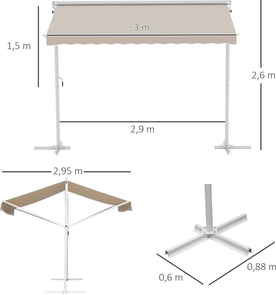 Stojící zahradní markýza Outsunny 3x3m se sklopným ramenem a klikou, béžová, ideální na terasu a zahradu | Aosom.de