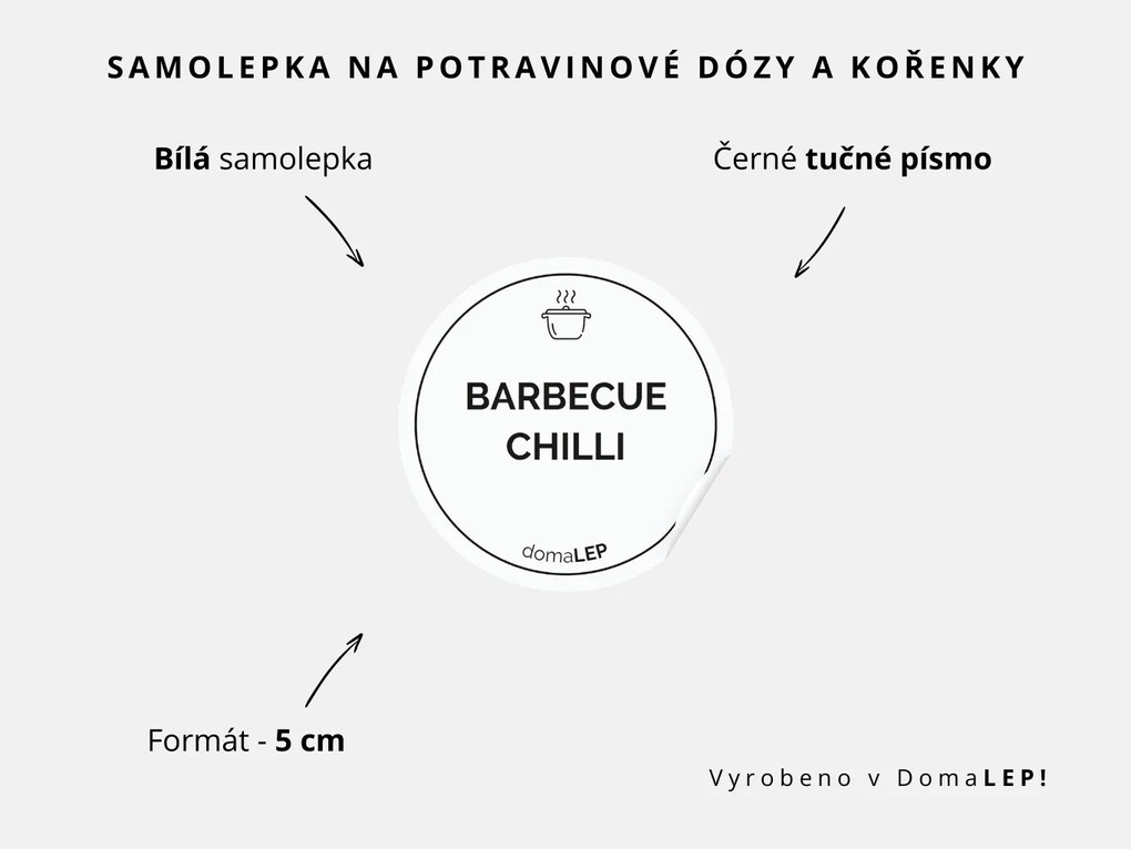 BARBECUE CHILLI - omyvatelná samolepka na kořenky, výběr rozměrů Ø 5 cm / 5 x 5 cm / 6 x 8 cm | DomaLEP tvar: KOLEČKO, barva: BÍLÁ - ČERNÉ písmo, velikost: Ø 5 cm - tučné písmo