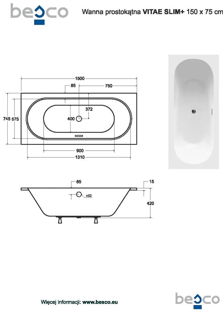 BESCO Obdélníková vana VITAE SLIM+ Barva sifonu - Grafitová, Nožičky k vaně - S nožičkami, Rozměr vany - 150 × 75 cm - VANVIT15SLIMPLG+OLVPINOZ