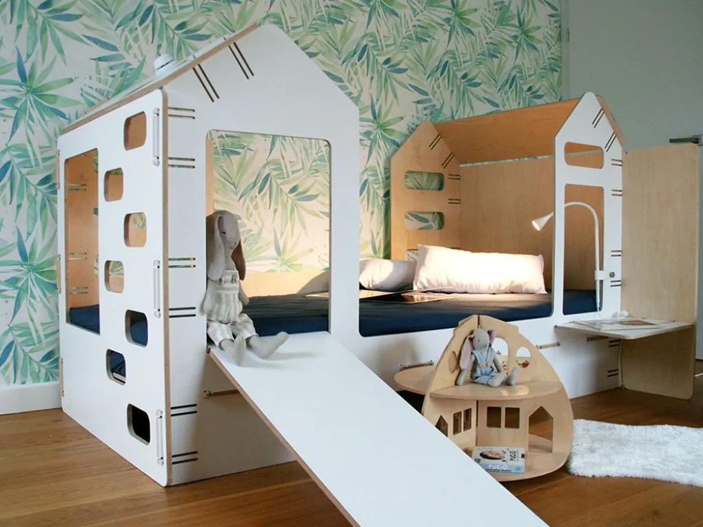 Myminihome Dětská domečková postel se skluzavkou a lampičkou Zvolte barvu: Béžová - Nelakovaná, Zvolte rozměr: 90x180 cm, Zvolte stranu: Vpravo