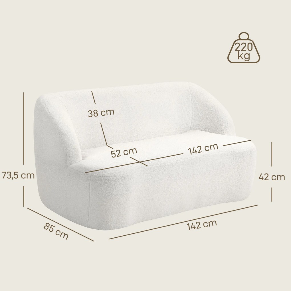HOMCOM Dvoumístná pohovka, zakřivený design, čalouněná pohovka s fleecovým potahem, pro obývací pokoj, ložnici, domáci kancelář, krémově bílá