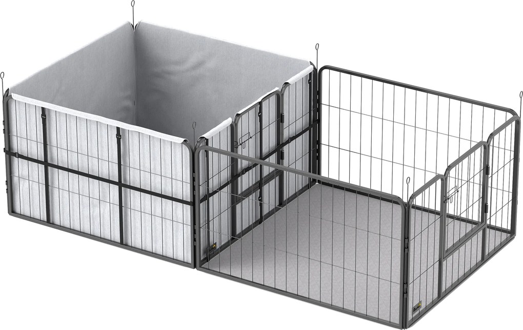 Pelíšek pro štěňata, ohrádka pro štěňata se 7 panely, 2 plochy, omyvatelná podložka pod stelivo, 203x102x60cm černá