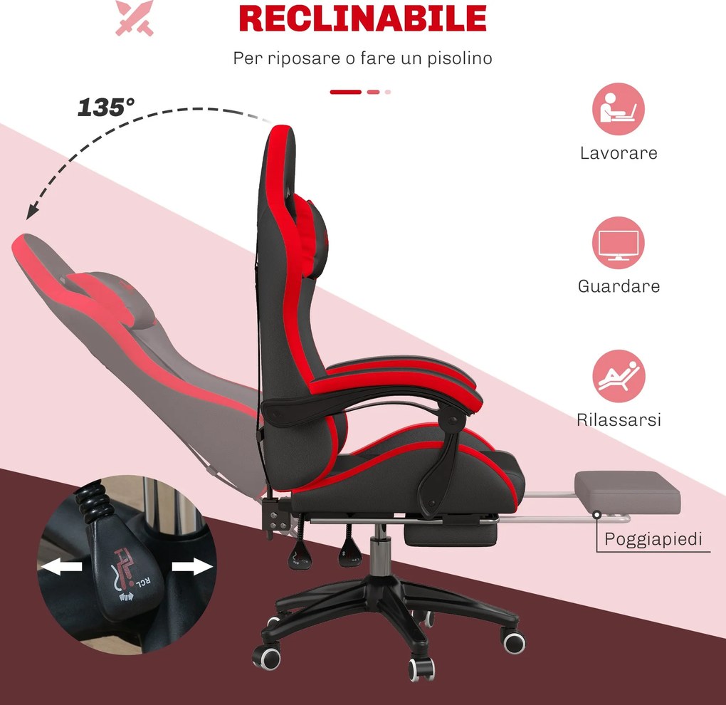 Ergonomická herní židle Vinsetto z PU kůže a oceli s opěrkou hlavy a nastavitelnou výškou, sklápěcí opěrkou a bederním polštářem, 65x65x121-129 cm, č…