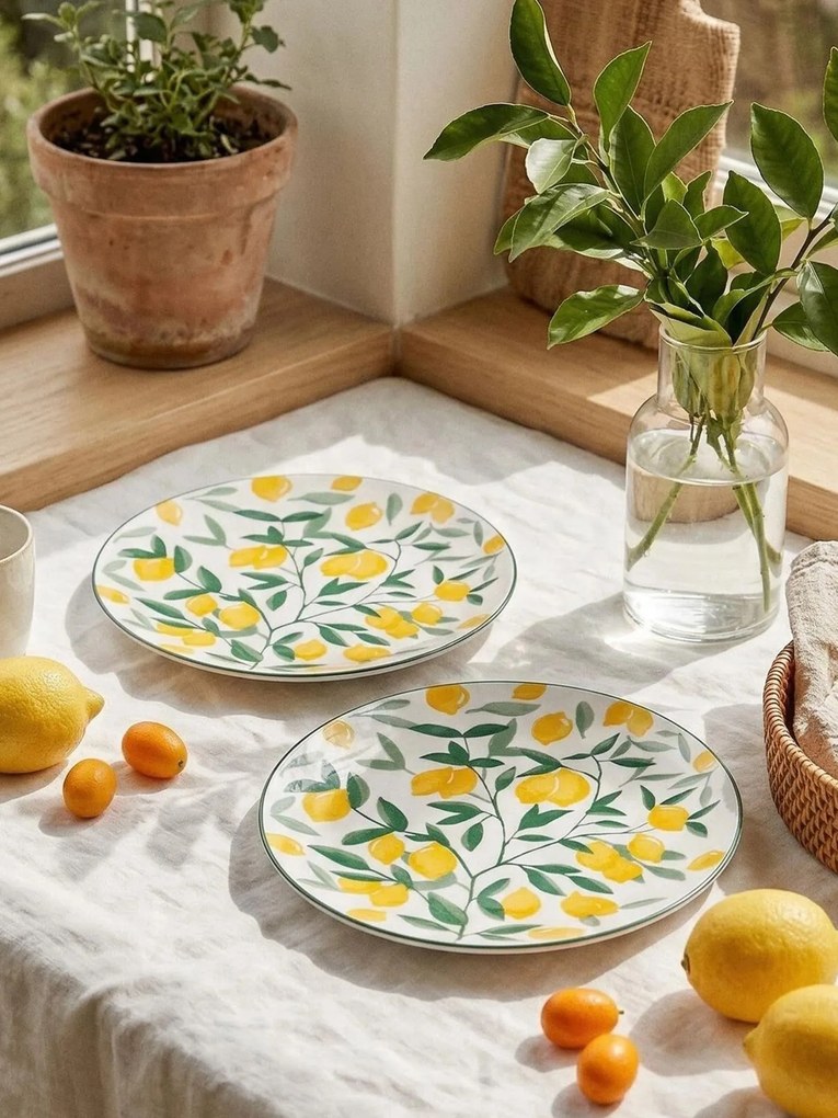 Sinsay - Keramické talíře s motivem citronů 2 pack - zelená