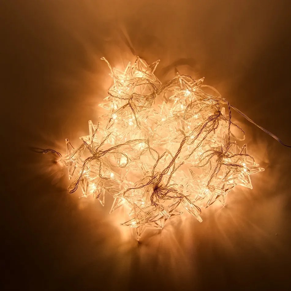 LED vánoční svíticí hvězdy do okna, 120 × 120 cm teple bílá, 30 diod, čirý kabel, IP20 do interiéru, prodlužovací