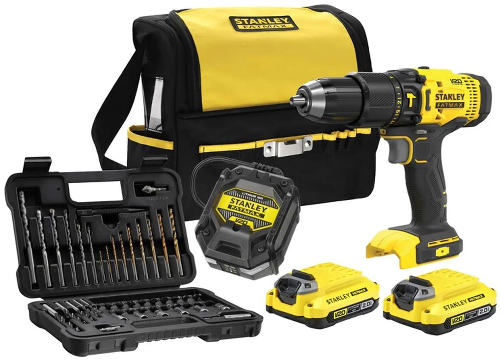 Stanley - 18V AKU vrtačka s příklepem s příslušenstvím, 2x aku 2,0 Ah Li-Ion, nabíječka SFMCD711DSA-QW