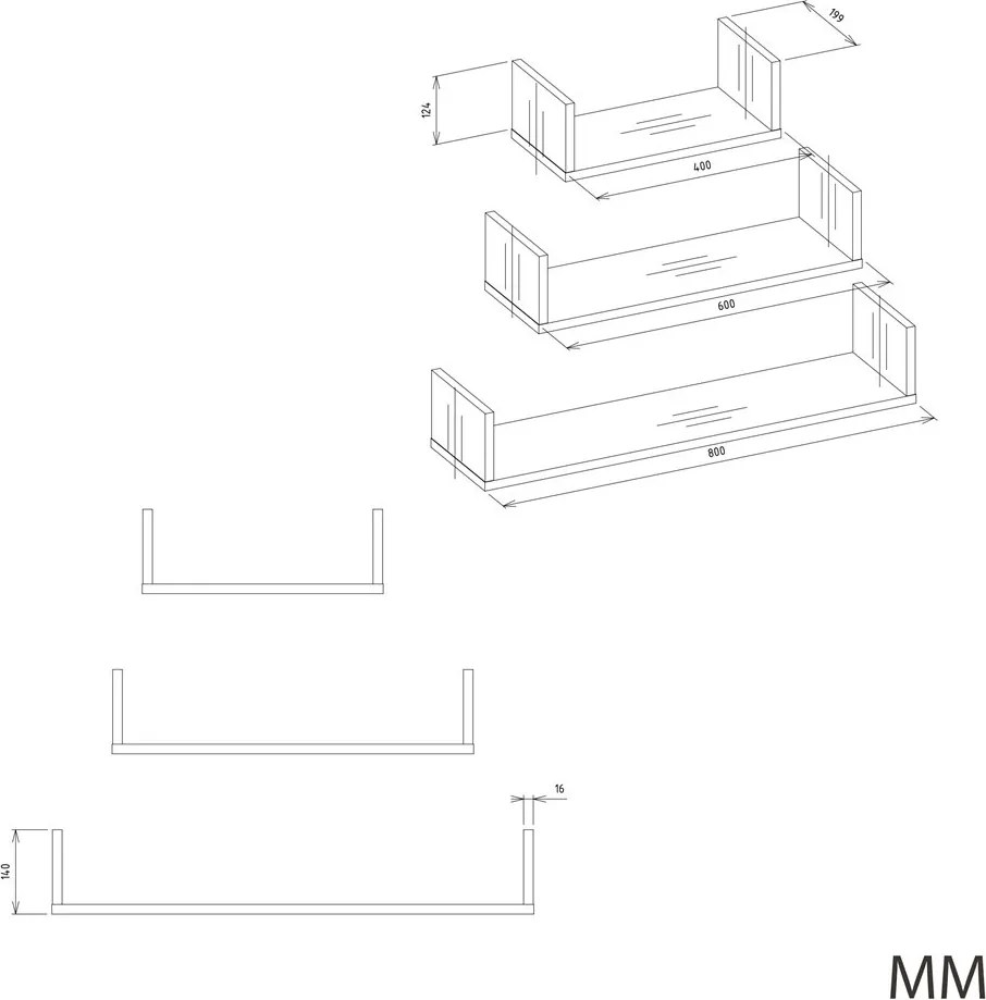 Sada 3 ks nástěnných polic Mobi dub artisan