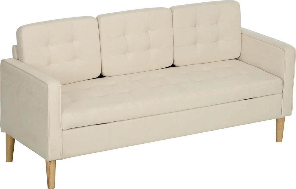 HOMCOM 3-místná pohovka s úložným prostorem, prošívání na knoflíky, čalouněná pohovka, 166,5 x 62 x 82 cm, krémově bílá