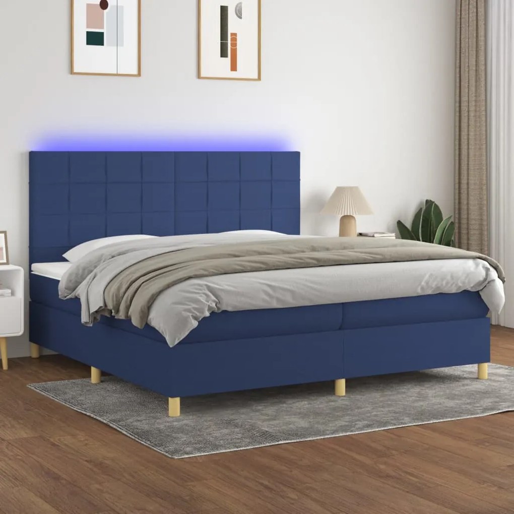Box spring postel s matrací a LED modrá 200x200 cm textil