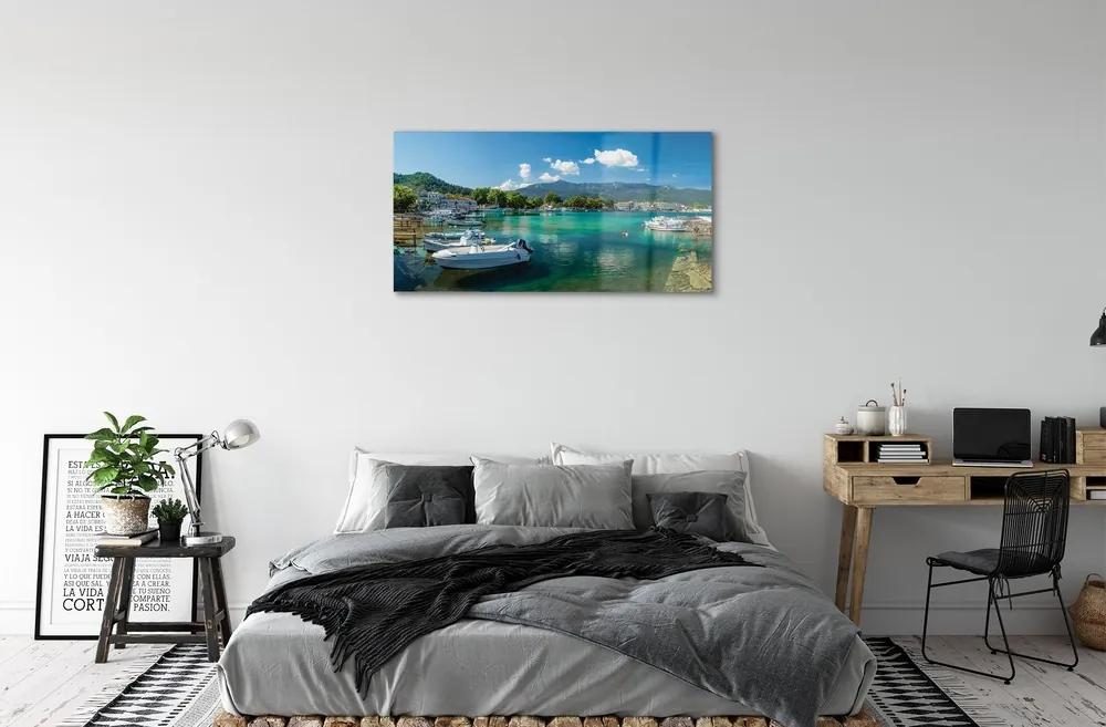 Obraz na skle Řecko Marina moře hory 140x70 cm