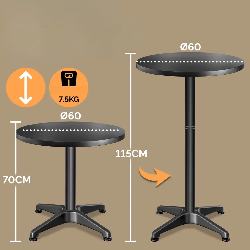 Výškově nastavitelný hliníkový barový stůl NERO, Ø60cm, černá Casaria