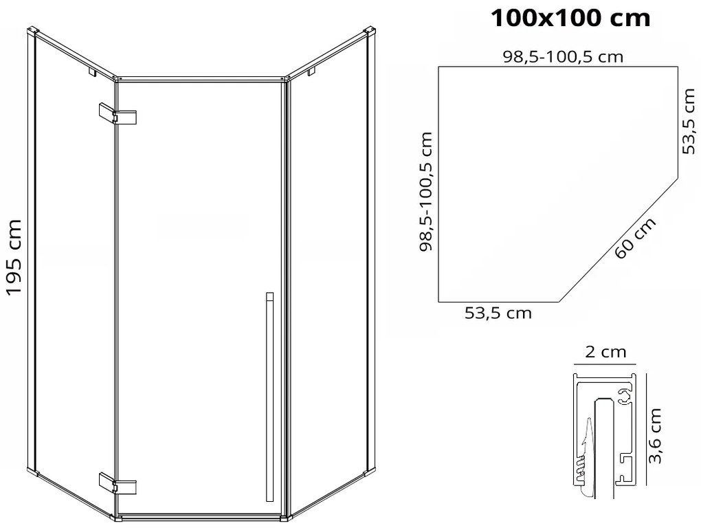 Pětiúhelníkový sprchový kout REA DIAMOND 100x100 cm, černý matný/transparent - bez vaničky