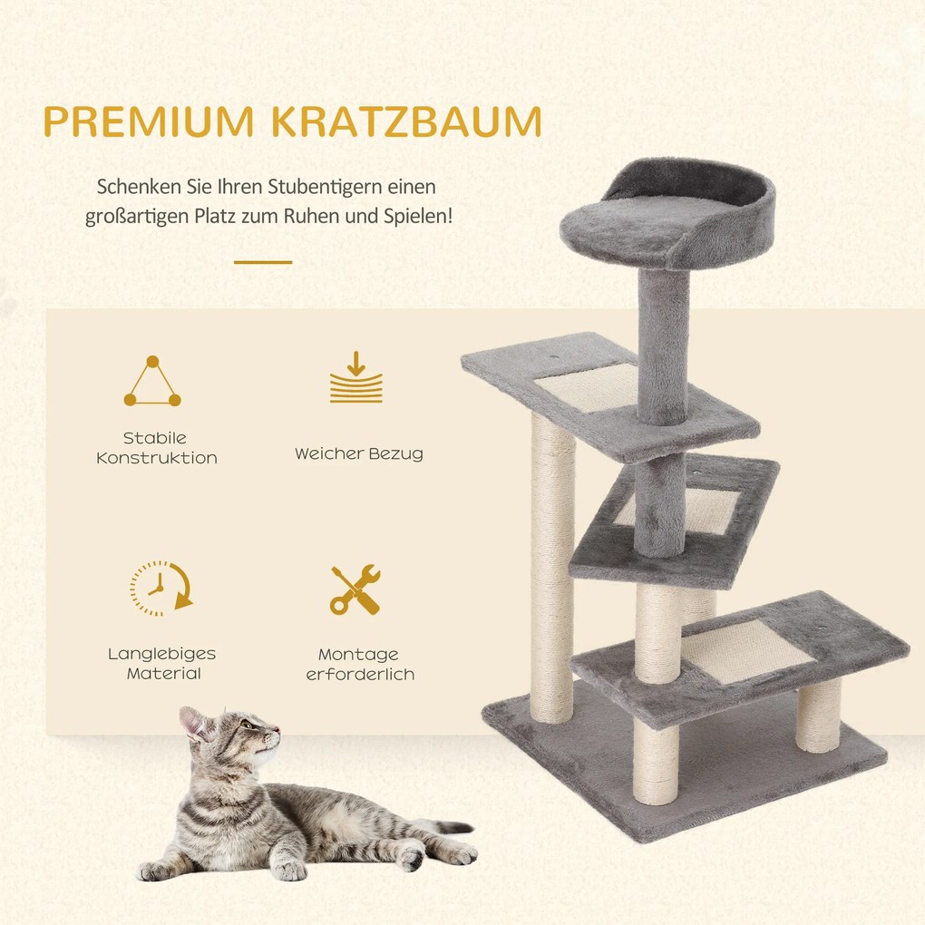 PawHut stabilní kočičí strom, nosnost 15 kg, schody pro kočky, 3 stupně, béžová, šedá, 48,5 x 48,5 x 100 cm | Aosom