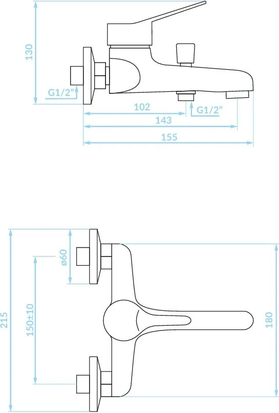 Kuchinox Tibi, nástěnná vanová baterie bez sprchového setu, chromová, LAV-BQY_010D