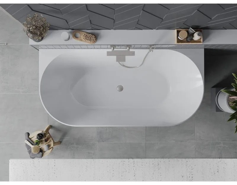Mexen Oval Slim, volně stojící vana ke stěně 170 x 80 cm, bílá lesklá, broušená ocel přepad, 52661708000-97